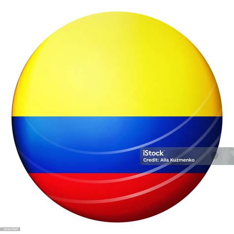 콜롬비아의 국기와 유리 빛 공 둥근 구 템플릿 아이콘 콜롬비아 국가 상징 흰색 배경에 강조 표시된 광택 사실적 공 3d 추상 벡터 일러스트레이션 큰 거품 3차원 형태에 대한