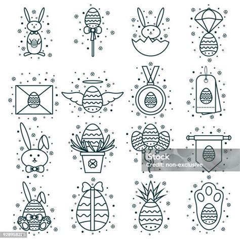 부활절 라인 아이콘 세트 달걀 토끼 판매 태그 메달 공기 풍선 장식 편지 봉투 얇은 선형 디자인에서 기독교 휴일 표지판 기호 개체 무늬를 봄 개체 그룹에 대한 스톡 벡터