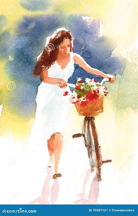 Красивая девушка идя винтажный велосипед при покрашенная рука иллюстрации сада лета акварели