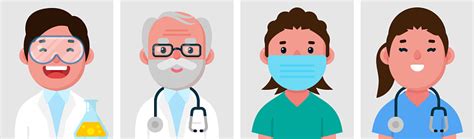 의료진의 평면 초상화 세트입니다 컬러 만화 캐릭터 여자와 남자 실험실 기술자 의사 외과 의사 간호사 프로필 사진 벡터 일러스트 레이 션의 컬렉션 간호사에 대한 스톡 벡터