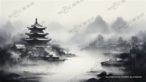 AI创作图雪夜景 郊外 国画 水墨nipic 昵图网