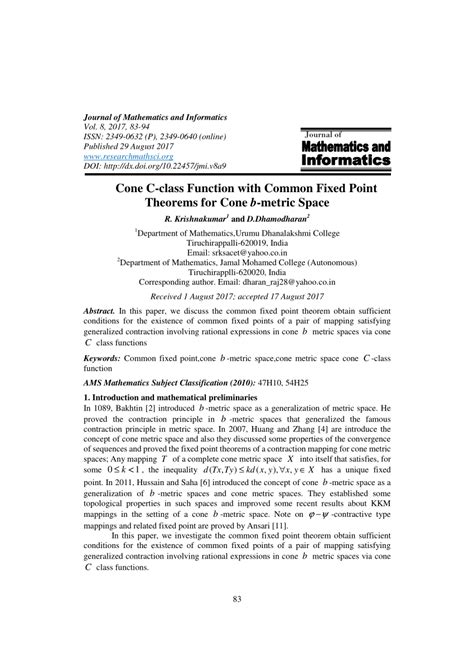 Pdf Cone C Class Function With Common Fixed Point Theorems For Cone B