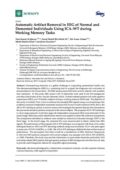Pdf Automatic Artifact Removal In Eeg Of Normal And Demented Individuals Using Ica Wt During