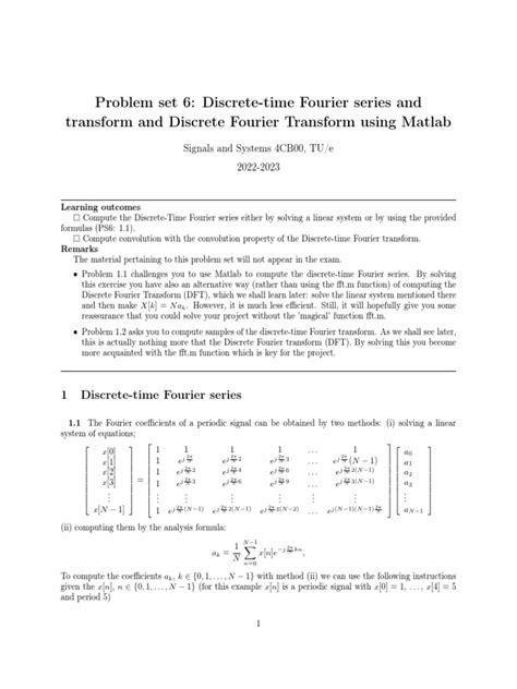 problem set 6 discrete time fourier series and transform and discrete fourier transform using