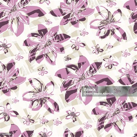 추상 재스민 꽃 직조 벡터 원활한 패턴 배경 코튼 직조 블렌드로 레이어드된 모던 그래픽 플로럴 표현주의 자모양 핑크 퍼플 화이트 배경 회화식물반복 0명에 대한 스톡 벡터