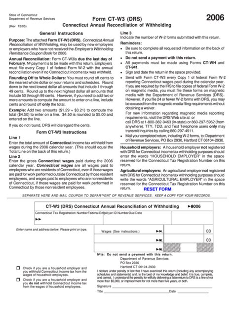 Fillable Form Ct W3 Drs Connecticut Annual Reconciliation Of Withholding 2006 Printable