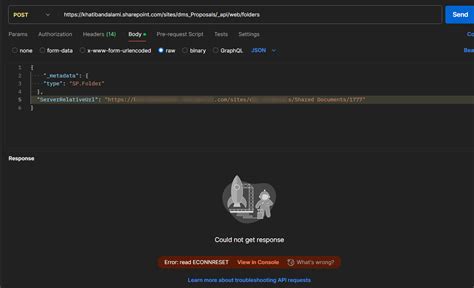 postman to sharepoint rest callout giving error read econnreset issue