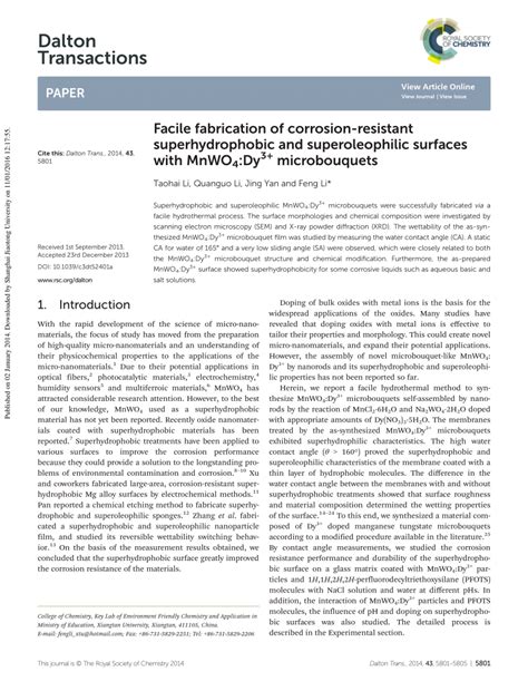 Pdf Facile Fabrication Of Corrosion Resistant Superhydrophobic And Superoleophilic Surfaces