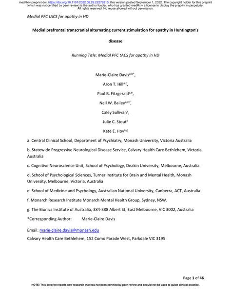 Pdf Medial Prefrontal Transcranial Alternating Current Stimulation For Apathy In Huntingtons