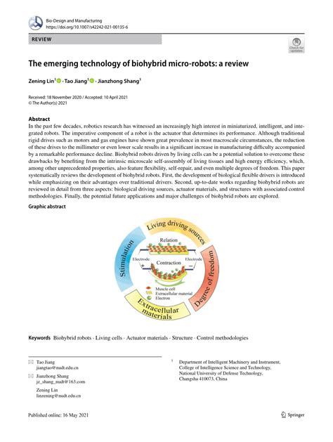 Pdf The Emerging Technology Of Biohybrid Micro Robots A Review