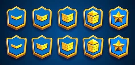 게임 레벨 골드 배지 랭크 세트 특허 및 별 3d 평면 스타일 터 성취 컬렉션 게임 판타지 Sci Fi 파란색 오렌지 노란색 색상 쉽게 편집 프리미엄 벡터