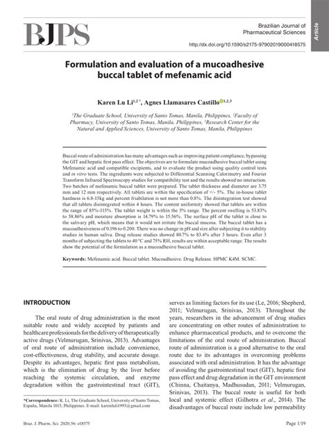 Pdf Formulation And Evaluation Of A Mucoadhesive Buccal Tablet Of Mefenamic Acid