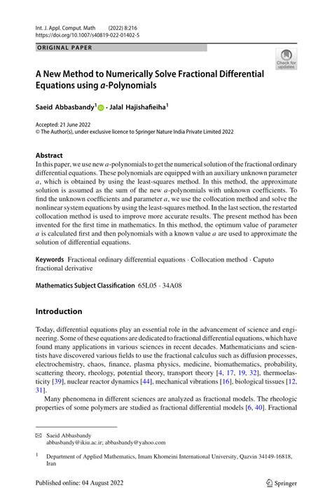 Pdf A New Method To Numerically Solve Fractional Differential