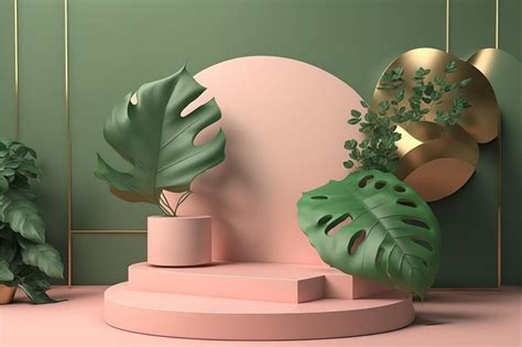 3d 배경 제품은 현대 전시회 또는 갤러리 3d 그림의 프레젠테이션을 위한 녹색 리프 기하학적 플랫폼 연단 받침대 레이아웃