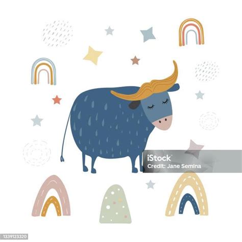 심플한 핸드 그린 스타일로 귀여운 소 흰색 배경에 고립 된 별과 무지개와 황소 보육 침실 어린이를 위한 벡터 그림입니다 0명에 대한 스톡 벡터 아트 및 기타 이미지 Istock