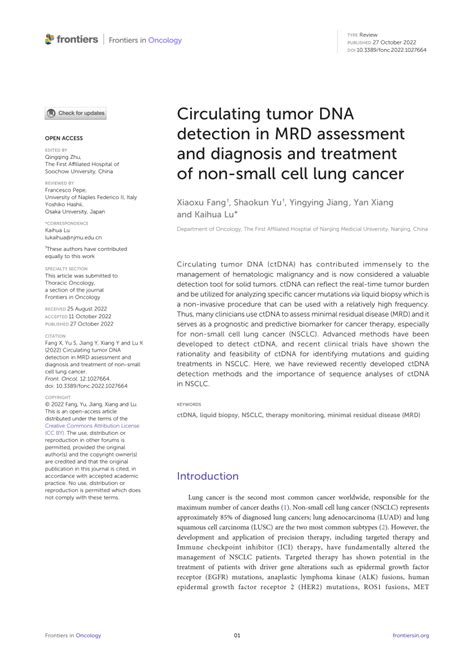 Pdf Circulating Tumor Dna Detection In Mrd Assessment And Diagnosis And Treatment Of Non Small