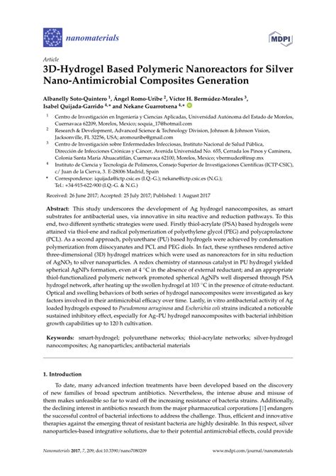 Pdf 3d Hydrogel Based Polymeric Nanoreactors For Silver Nano Antimicrobial Composites Generation