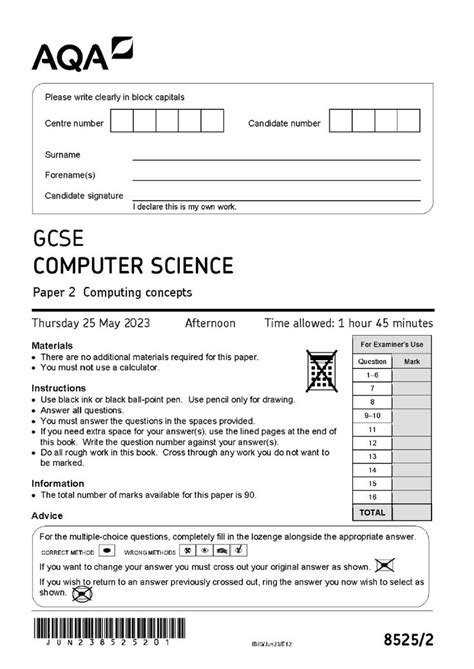 Aqa Gcse Computer Science Paper 2 June 2023 Question Paper 85252 Computing Concepts Gcse