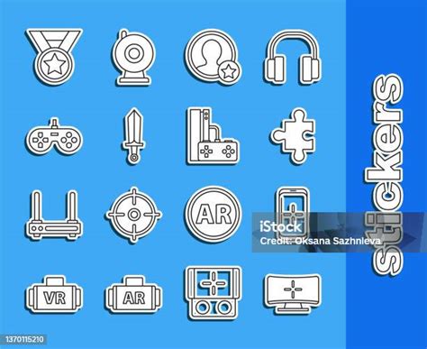 세트 라인 컴퓨터 모니터 스마트 폰과 게임에서 재생 퍼즐의 조각 프리미엄은 계정 화면을 만들 에 대한 칼 게임 패드 메달과 조이