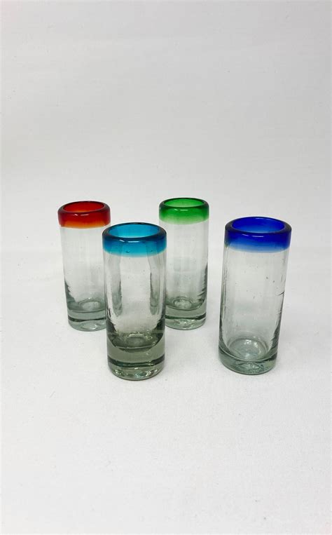 4 Hand Blown Shot Glasses Mixed Rim Collection Blue Dorado Design