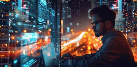 Developer Focused On Coding While City Lights Cast Reflective Glow On Computer At Night