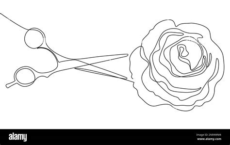 One Continuous Line Of Scissor With Rose Flowers Thin Line Illustration Vector Concept Contour