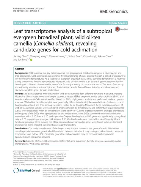 Pdf Leaf Transcriptome Analysis Of A Subtropical Evergreen Broadleaf Plant Wild Oil Tea