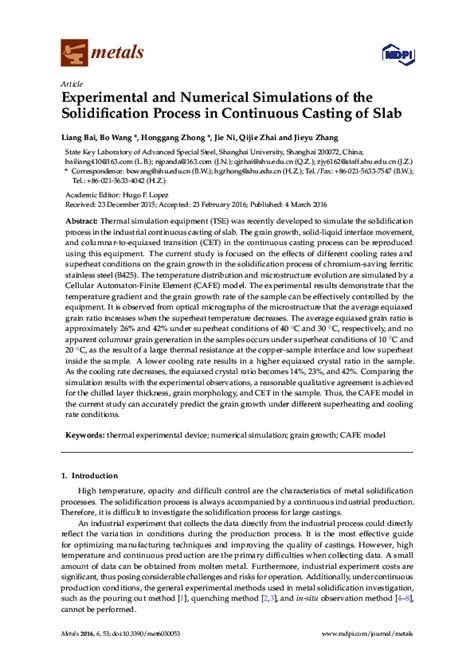 Pdf Experimental And Numerical Simulations Of The Solidification Process In Continuous Casting