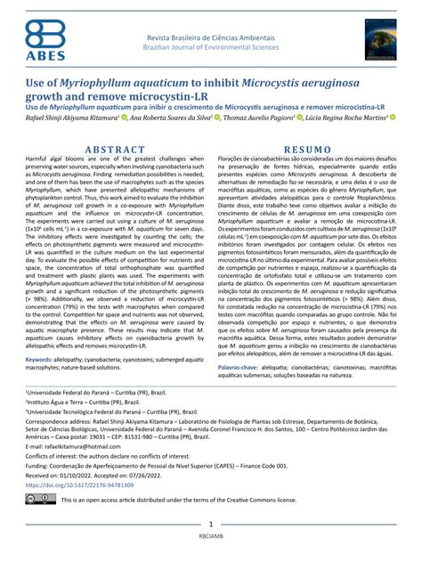 Pdf Use Of Myriophyllum Aquaticum To Inhibit Microcystis Aeruginosa Growth And Remove