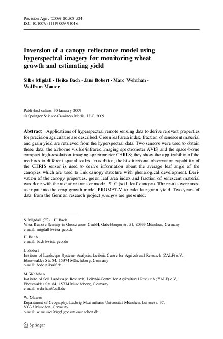 Pdf Inversion Of A Canopy Reflectance Model Using Hyperspectral Imagery For Monitoring Wheat