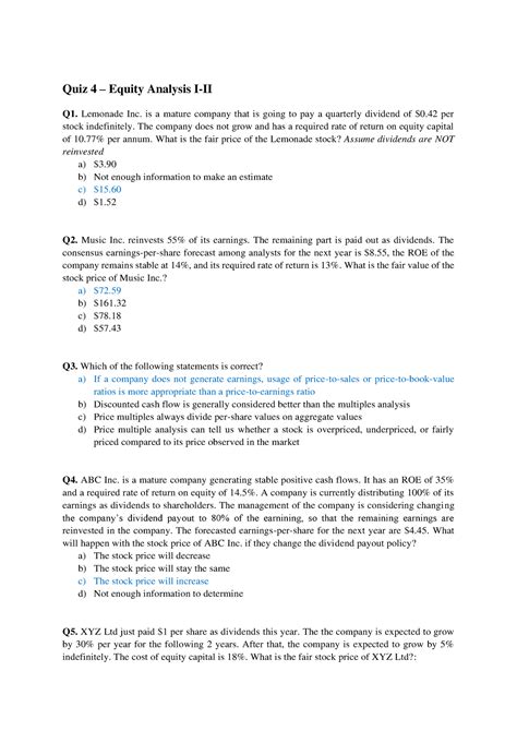 Quiz 4 Ans Quiz 4 Ans Quiz 4 Equity Analysis I Ii Q1 Lemonade Inc Is A Mature Company