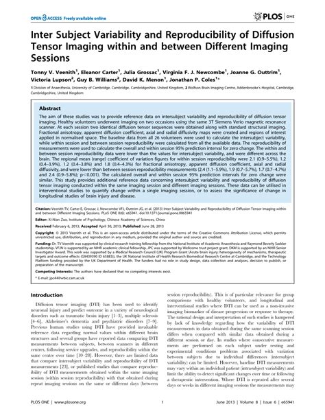 Pdf Inter Subject Variability And Reproducibility Of Diffusion Tensor Imaging Within And