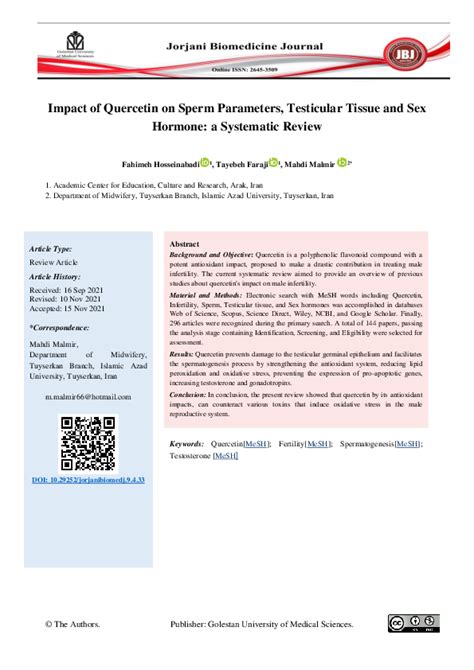 Pdf Impact Of Quercetin On Sperm Parameters Testicular Tissue And Sex Hormone A Systematic
