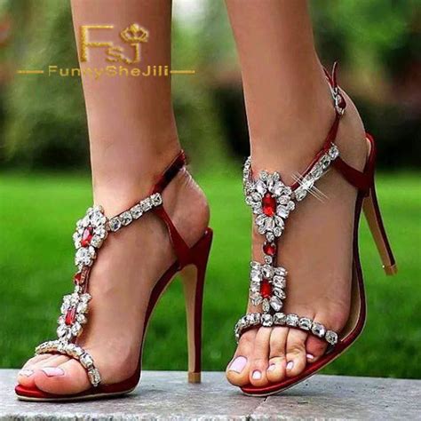 Fashion Fsj Red Rhinestone Heels Open Toe Stiletto Heel T Strap Sandals