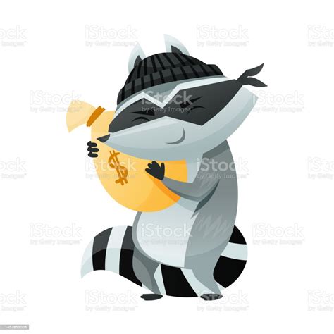 줄무늬 꼬리를 가진 너구리 강도는 돈 벡터 일러스트 레이 션으로 자루를 포용하는 마스크를 착용 가방에 대한 스톡 벡터 아트 및 기타 이미지 Istock