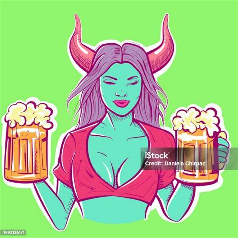 맥주 두 파인트를 들고 있는 바이킹 악마 여성의 디지털 아트 두 개의 미드 주전자를 들고 있는 뿔 달린 소녀의 벡터 그림 머그에 대한 스톡 벡터 아트 및 기타 이미지