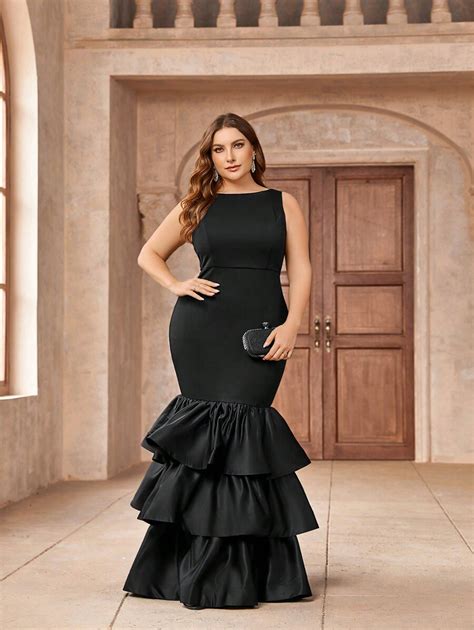 Shein Belle Black Boat Neckline Exaggerated Layered Cake Dress With