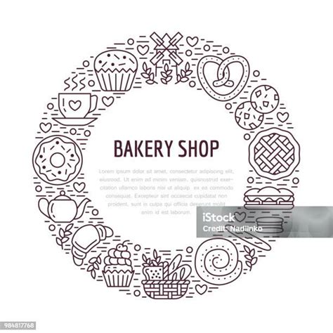 빵집 제과 포스터 템플릿 음식 라인 벡터 아이콘 과자 꽈 배기 크루아상 머핀 과자 먹고 원형 밀의 그림 빵 집 제품 배너 텍스트에 대 한 장소 날씬한에 대한 스톡 벡터 아트