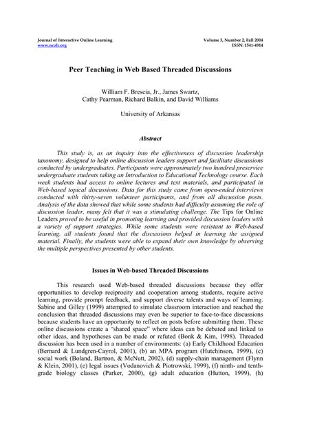 pdf peer teaching in web based threaded discussions