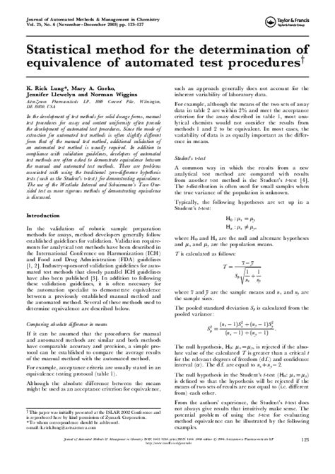 Pdf Statistical Method For The Determination Of Equivalence Of
