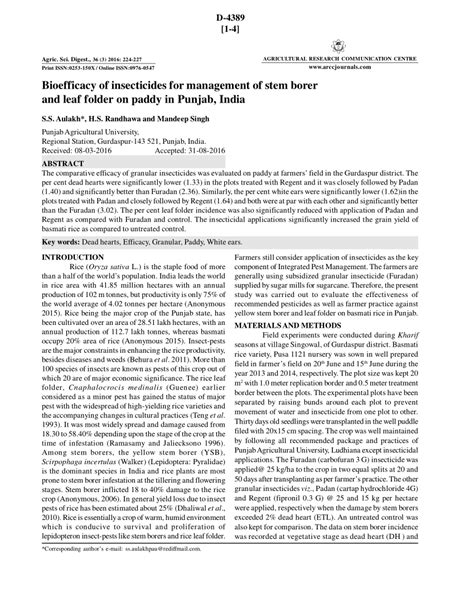 Pdf Bioefficacy Of Insecticides For Management Of Stem Borerand Leaf