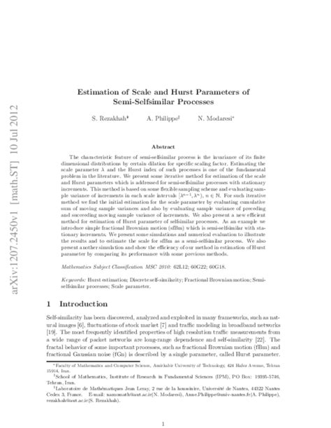 Pdf Estimation Of Scale And Hurst Parameters Of Semi Selfsimilar Processes Saeid Rezakhah