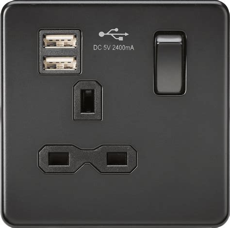Screwless A G Switched Socket With Dual USB Charger A Matt Black LEDSwitchover