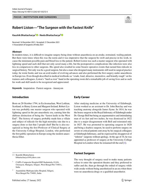 Pdf Robert Liston The Surgeon With The Fastest Knife