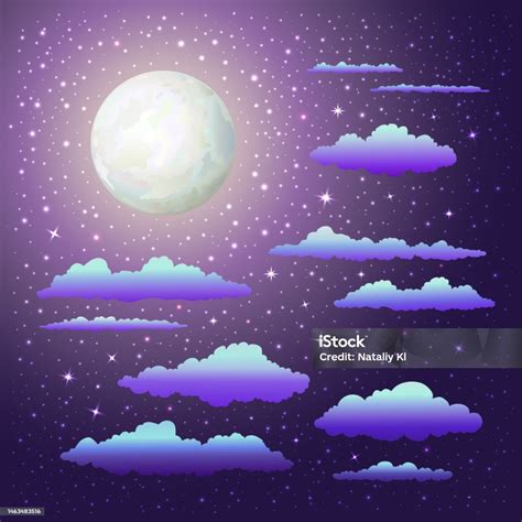 밤하늘은 짙은 보라색이며 많은 별 빛나는 달과 구름이 정사각형 배경에 있습니다 우주 은하 및 우주 벡터 그림입니다 0명에 대한 스톡 벡터 아트 및 기타 이미지 Istock