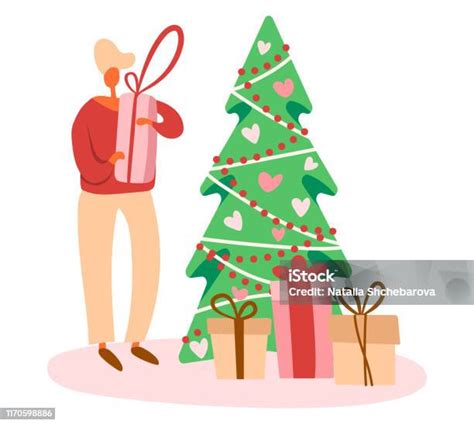 겨울 휴가를위한 선물을 준비하는 장식 크리스마스 트리 근처 선물 상자와 평면 만화 남자 격리된 벡터 그림입니다 가방에 대한 스톡 벡터 아트 및 기타 이미지 Istock