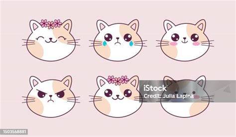 손으로 그린 귀여운 고양이 이모티콘 세트는 어린이 직물 어린이 방 베이비 샤워 보육원 장식을 위한 만화 스타일입니다 고양이 새끼에 대한 스톡 벡터 아트 및 기타 이미지