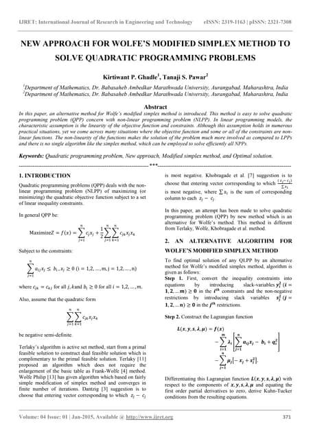 optimum solution of quadratic programming problem by wolfe s modified