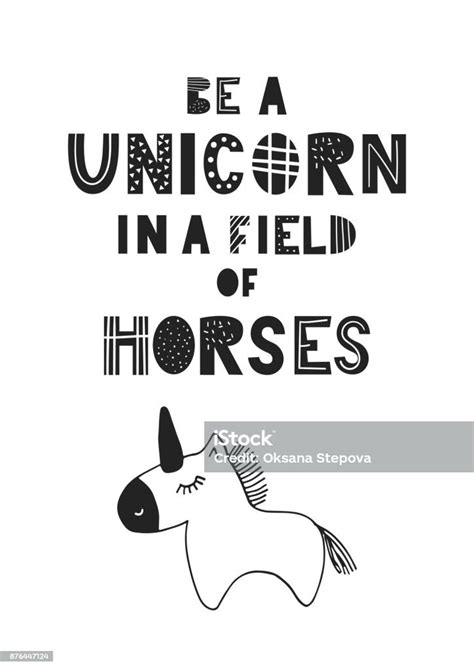 유니콘 말의 필드에 독특한 손으로 그려 보육 포스터 스 칸디 나 비아 스타일에서 글자 Handdrawn와 함께 경외감에 대한 스톡 벡터 아트 및 기타 이미지 Istock