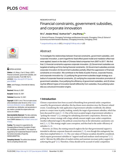 Pdf Financial Constraints Government Subsidies And Corporate Innovation